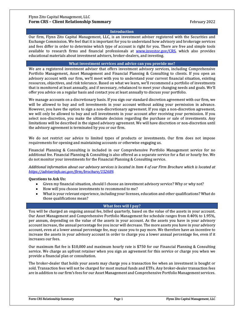 Form CRS | Flynn Zito Capital Management